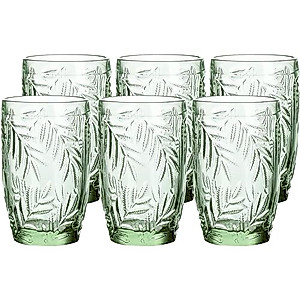 WHOLE HOUSEWARES | Glass Tumblers | Set of 6 Drinking Glasses | 11.5 oz Embossed Design | Vintage Drinking Cups for Water, Iced Tea, Juice | Wedding, Party Glassware Sets (Green)