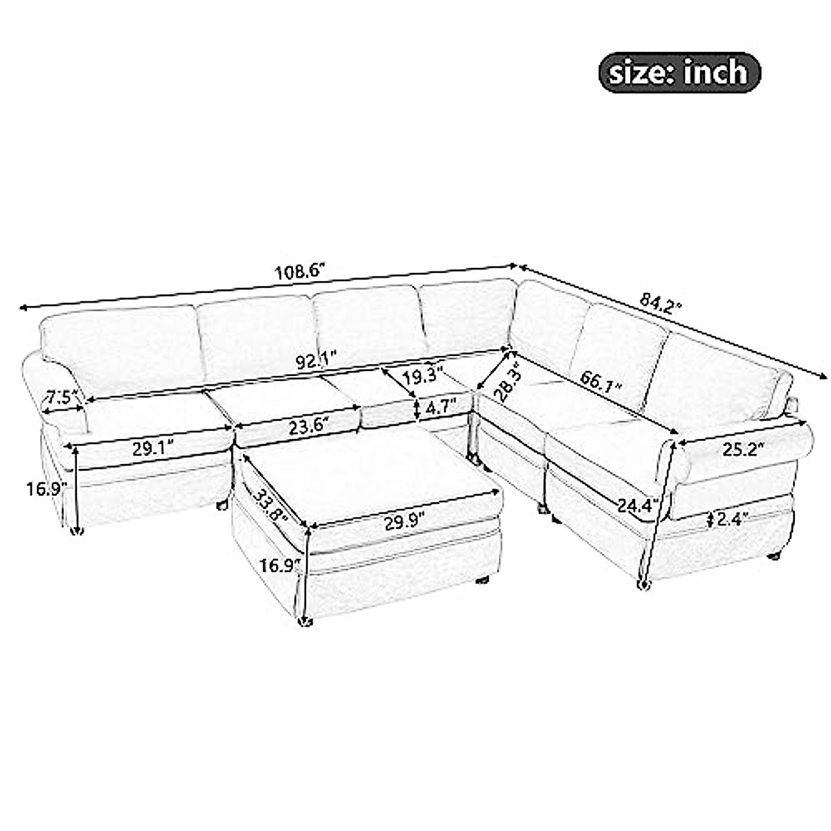 Merax 108.6" Fabric Upholstered Sectional Sofa,Modular Customizable Couch with Removable Ottoman for Living Room,Linen L U Shaped, Beige