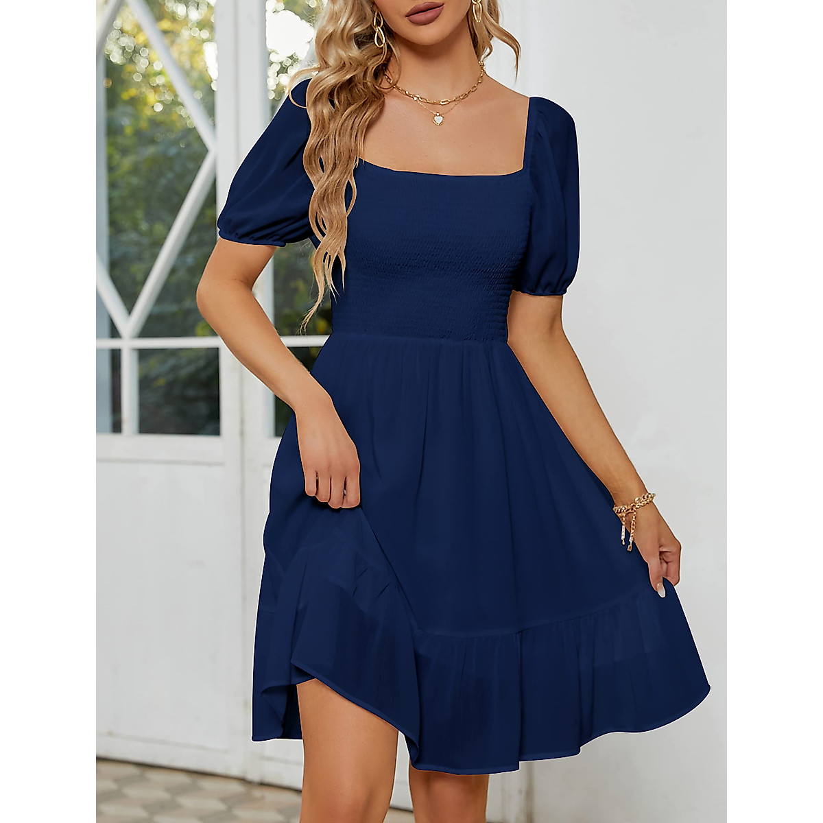 YATHON Wedding Guest Dresses for Women with Sleeves Homecoming Bridesmaid Sundress Family Gathering Dance Party Short Dresses(YT194-Navy,L)