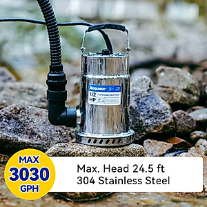 Acquaer 1/2HP Submersible Utility Pump, 3030GPH Stainless Steel Sump Pump, Water Removal for Basement Hot Tub Pool Cover Draining, 30ft Cord