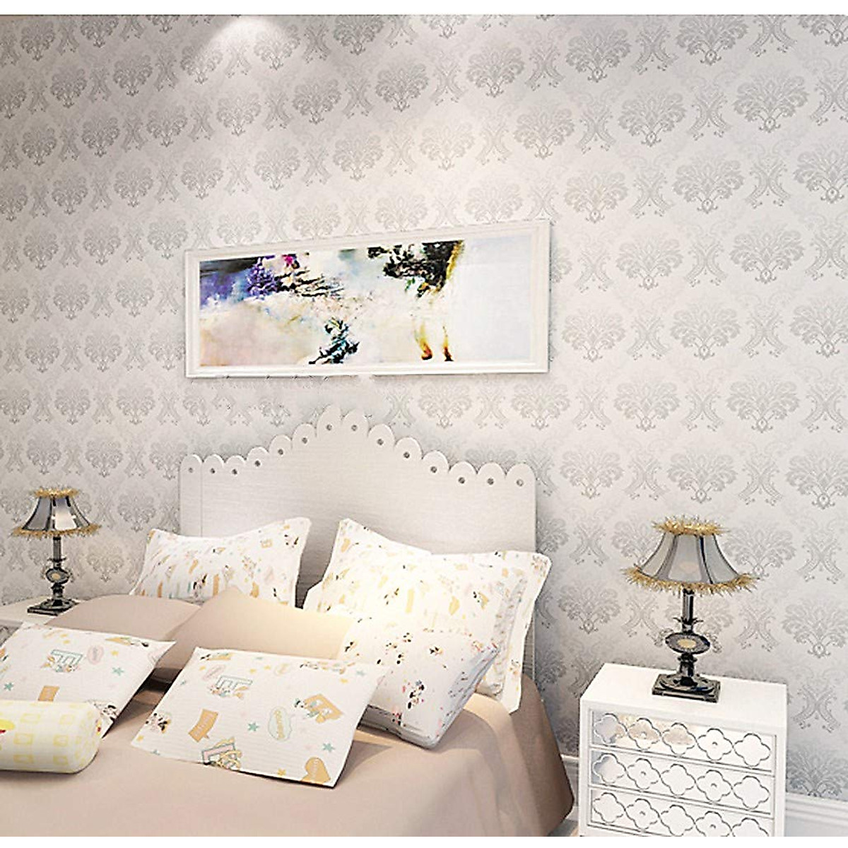 Emoyi Silver Damask Pattern Self-Adhesive Paper for Shelf Liner Peel Stick Wallpaper Counter top Sticker 17.7''x78''