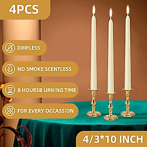 4 Pack Ivory Taper Candles - Taper Candles 10 Inch Dripless, Smokeless & Unscented - 8 Hours Long Burning - Hand Poured Tall Candlesticks - Ideal for Weddings, Dinner Parties, and Home Decor