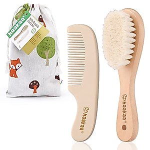 haakaa Baby Hair Brush and Comb Set for Newborns & Toddlers - Natural Soft Goat Bristles and Wooden Handle, Gently Grooms Baby's Hair, Ideal for Cradle Cap, Perfect Baby Gift, 2pk