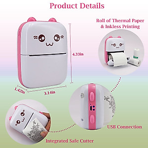 Vicbear Mini Pocket Printer, Portable Thermal Printer with 8 Rolls Printing Paper, Bluetooth Wireless Tiny Printer for Photos/Stickers/Labels/Notes/Receipts, Compatible with iOS and Android, Pink