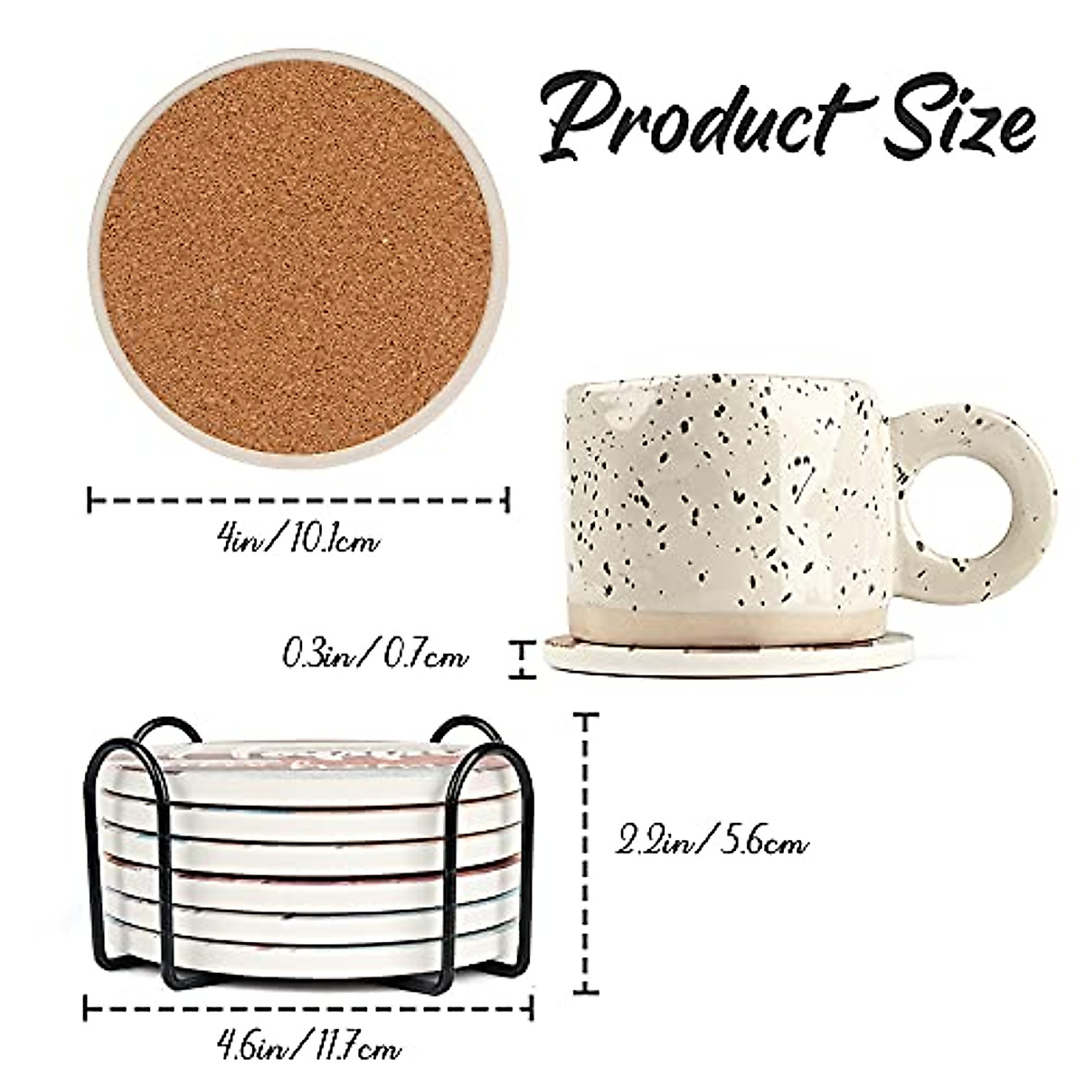 Homotte Coasters for Drinks Absorbent Set of 6, Farmhouse Style Coaster for Coffee Table with Holder and Cork Base, Suitable for Home Decor Bar Housewarming