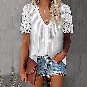 Women's Summer Sexy Lace Blouse Tops V Neck Crochet Eyelet Soft Short Sleeve Tee Tops Loose Fit 2022 Dressy T Shirt