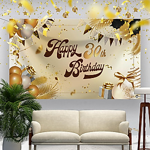 Bing-Haoze 30th Happy Birthday Backdrop Banner- 71“x 44” Gold Happy Birthday Decorations Banner Party Decorations Supplies Photo Background for Men Women Birthday Party