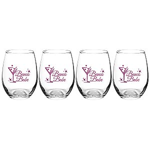 Bunco Babe Plastic Wine Glasses - Set of 4 Pieces of Average Quality Plastic. Very Affordabe Bunco Gifts. Fill with Wine or Candy. Wine Glasses hold 12oz and measure "3.75 x 2.75". Perfect Bunco Party