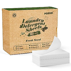 Poesie Laundry Detergent Sheets Fresh Scent Eco-Friendly 160 Sheets Clear Plastic-Free Hypoallergenic Liquid Less Washing Sheets for Home Dorm Travel Camping & Hand Washing Clean No Waste
