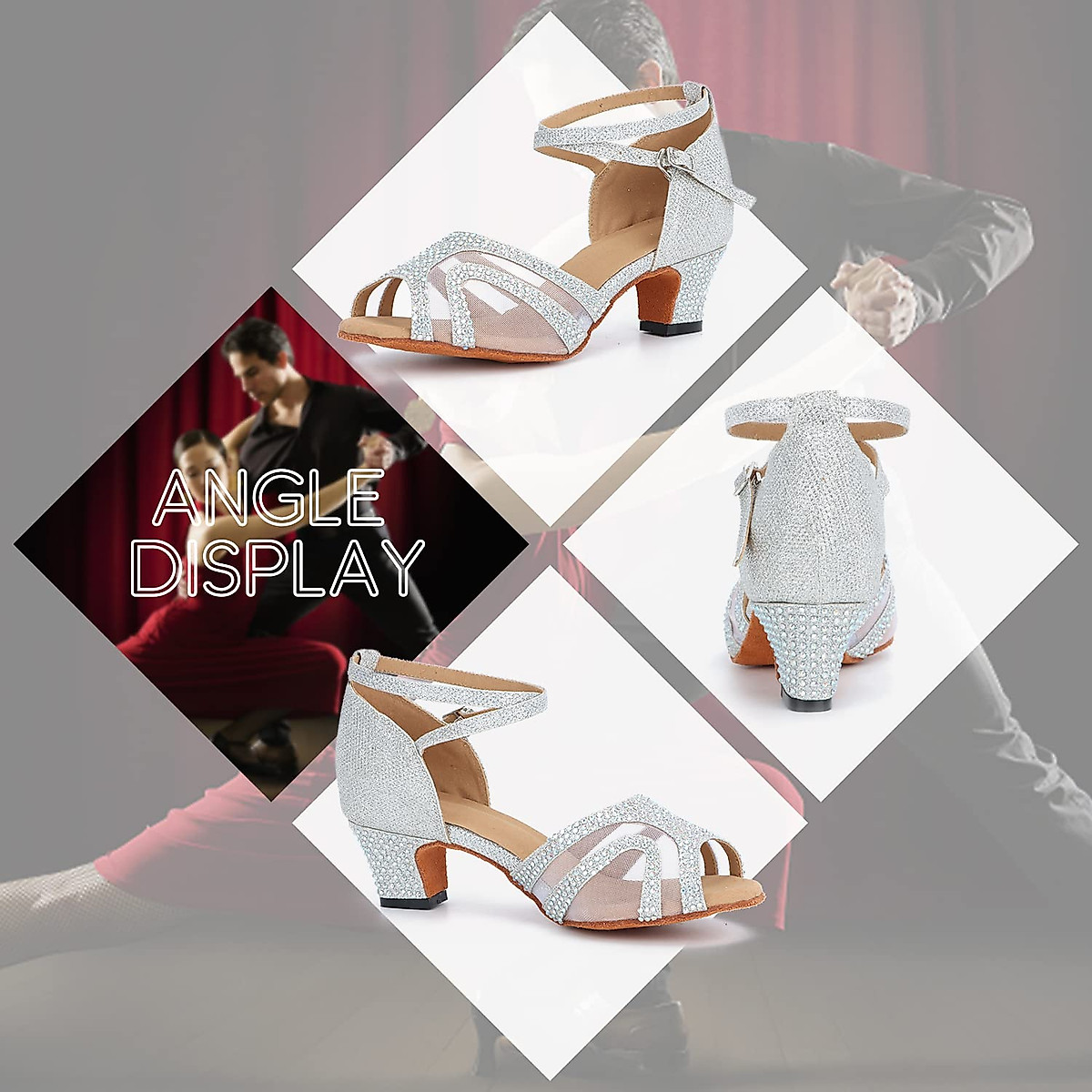 FUKZTE Womens Ballroom Dance Shoes for Social Salsa Latin Dance Dress Shoes Womens Open Toe Dancing Shoes,Silver 1.97 inch Heel,8.5 US