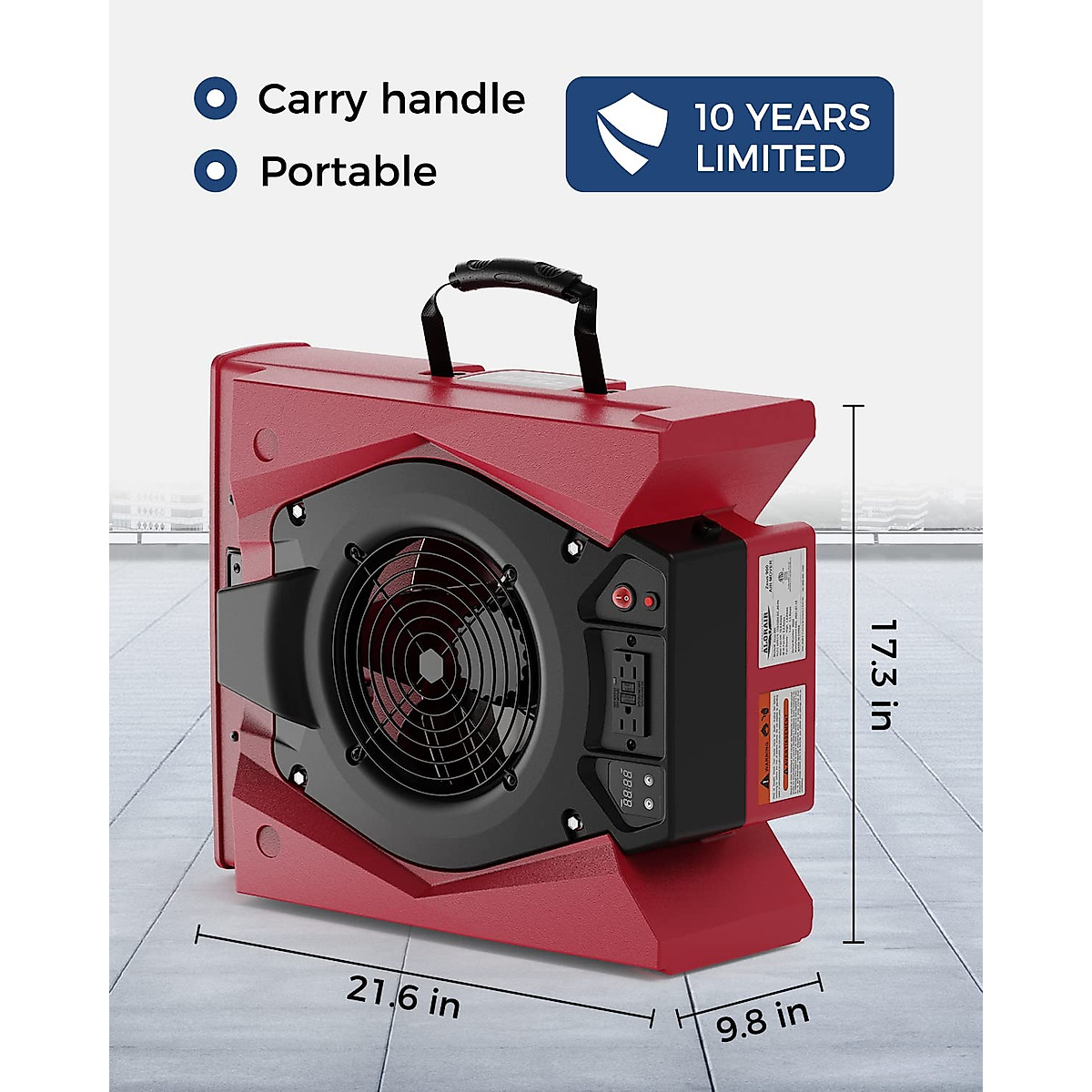 ALORAIR Zeus 900 Air Mover Commercial Blower for Carpets, Walls, Plumbing Use, Variable Speed Floor Blower Fan, 950 CFM with 1.8 Amps, Circuit Breaker Protection,on-Board Duplex GFCI, Red