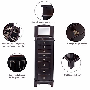 Jewelry Armoire with Mirror, 7 Drawers & 24 Necklace Hooks, 2 Side Swing Doors(Black Brown) (17.8 x 13 x 40)"
