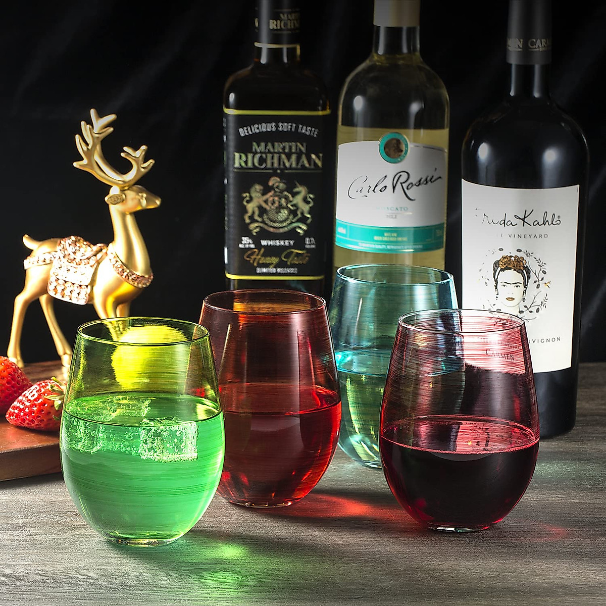 SWAINLYN Colored Stemless Wine Glass Set of 4, No Stem Cocktails Glasses Set Large 18 oz Hand Painted Colored Drinking glasses, Ideal for Cocktails, Scotch, Margarita, Tumblers with Sturdy gift box