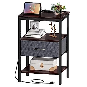 SUPERJARE Nightstand with Charging Station, Bed Side Table with Adjustable Fabric Drawer, Night Stand for Bedroom, 3-Tier Storage End Table, for Living Room - Walnut