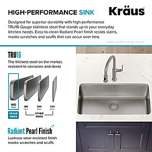 KRAUS Dex 33-inch Undermount 16 Gauge Stainless Steel Single Bowl Kitchen Sink, KA1US33B