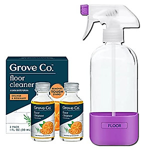 Grove Co. Floor Cleaner Refill Concentrate (2 x 1 Oz) + 1 x Durable Glass Spray Bottle (16 Oz) Plant-Based Cleaning Supplies Bundle, No Plastic Waste, 100% Natural Orange & Rosemary Scent