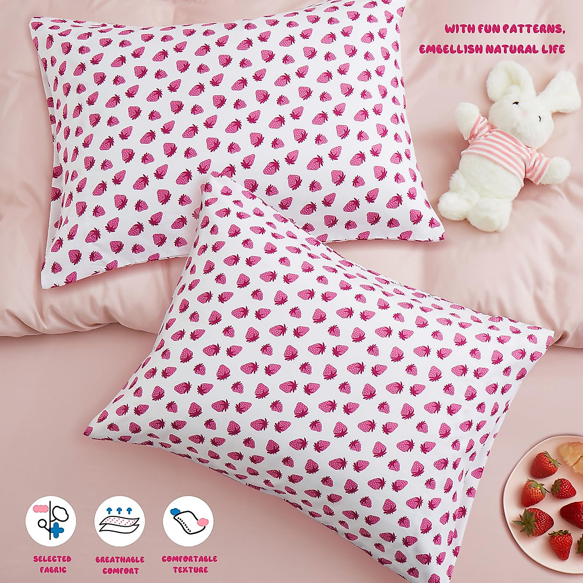 Vonty Kids Pillowcase Pink Strawberry Printed Standard Pillow Cases, Microfiber Kids Pillow Cases for Girls - Soft & Breathable 20x26 Pillow Covers(2Pcs)