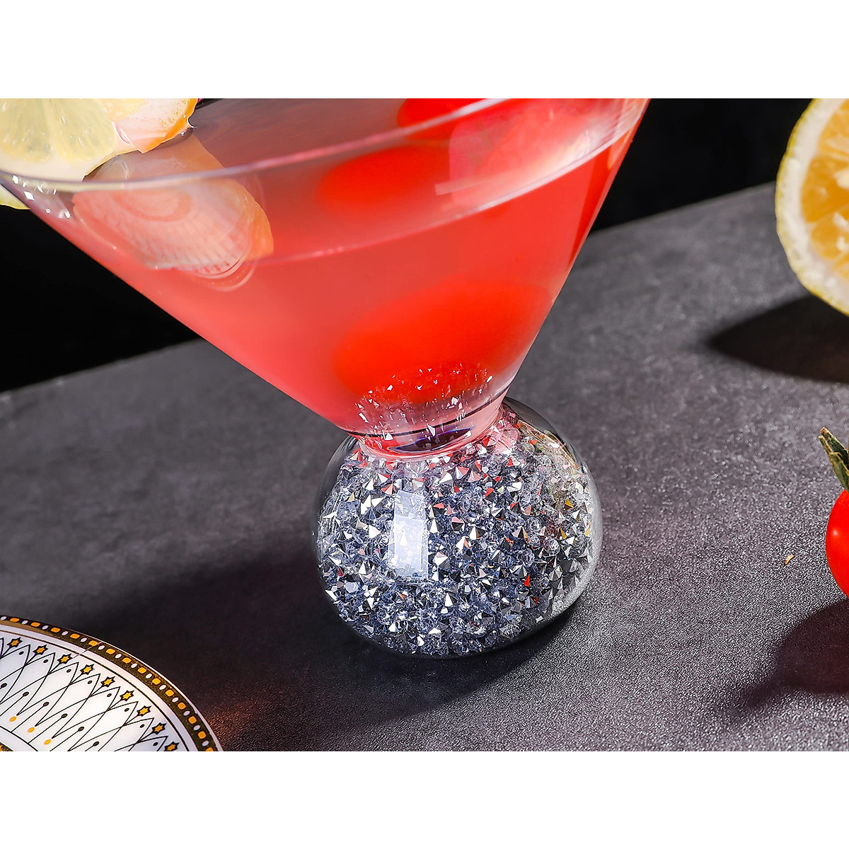 Dounx Set of 4 Stemless Martini Glasses, 8oz Margarita Glasses for Men and Women, Ultra-Thin Rim, Lead-Free Glass, Silver Rhinestone-Filled Spherical Base, Reusable