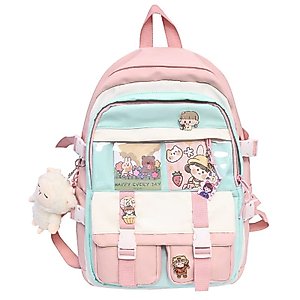 KOWVOWZ Lovely Kawaii Backpack for Teen Girls Back to School Aesthetic Student Bookbag withi Pin & Cute Accessories (Pink)