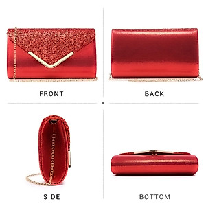 Dasein Women Evening Bags Formal Clutch Purses for Wedding Party Prom Handbags with Shoulder Strap and Glitter Flap (Red)