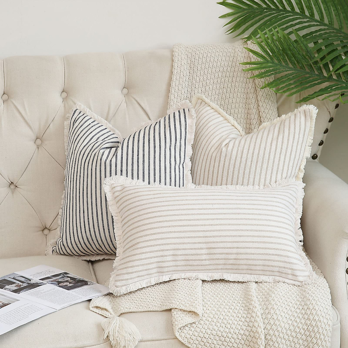 Hckot Throw Pillow Covers 18x18 Set of 2 Striped Pillow Covers with Fringe Chic Cotton Decorative Pillows Square Cushion Covers for Sofa Couch Bed Living Room Farmhouse Decor,Grey