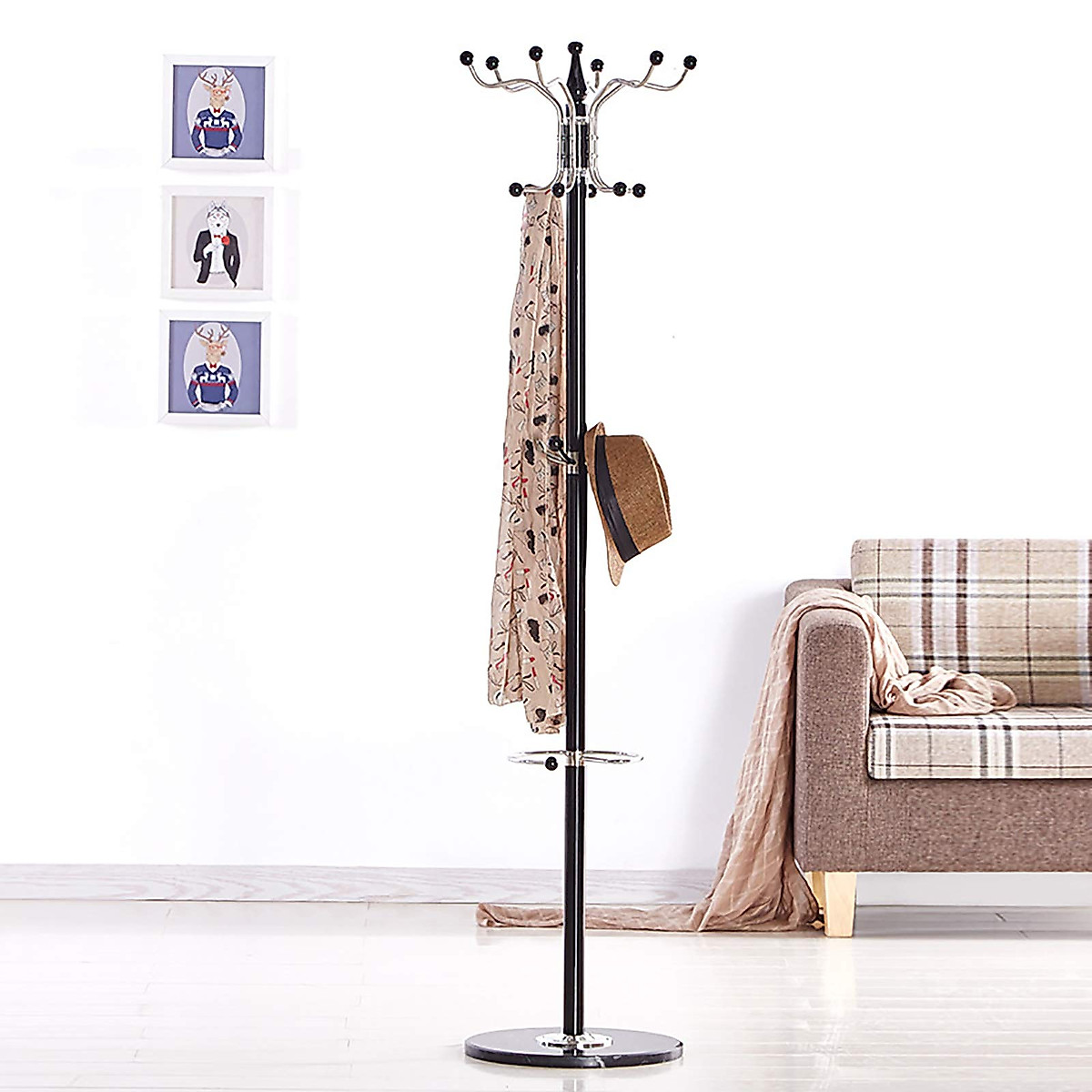 WDZCZDoo 67" Metal Coat Rack Stand with Natural Marble Base, Free Standing Hall Tree with 16 Hooks for Hanging Scarf, Bag, Jacket, Home Entry-way Hat Hanger Organizer (Black)