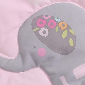 Sweet baba Luxury 4 Piece Elephant Crib Bedding Set,Pink Crib Set for Baby Girls(Brids/Flowers),Microfiber Printed Nursery Bedding Set with Comforter/Skirt/Crib Sheet/Blanket