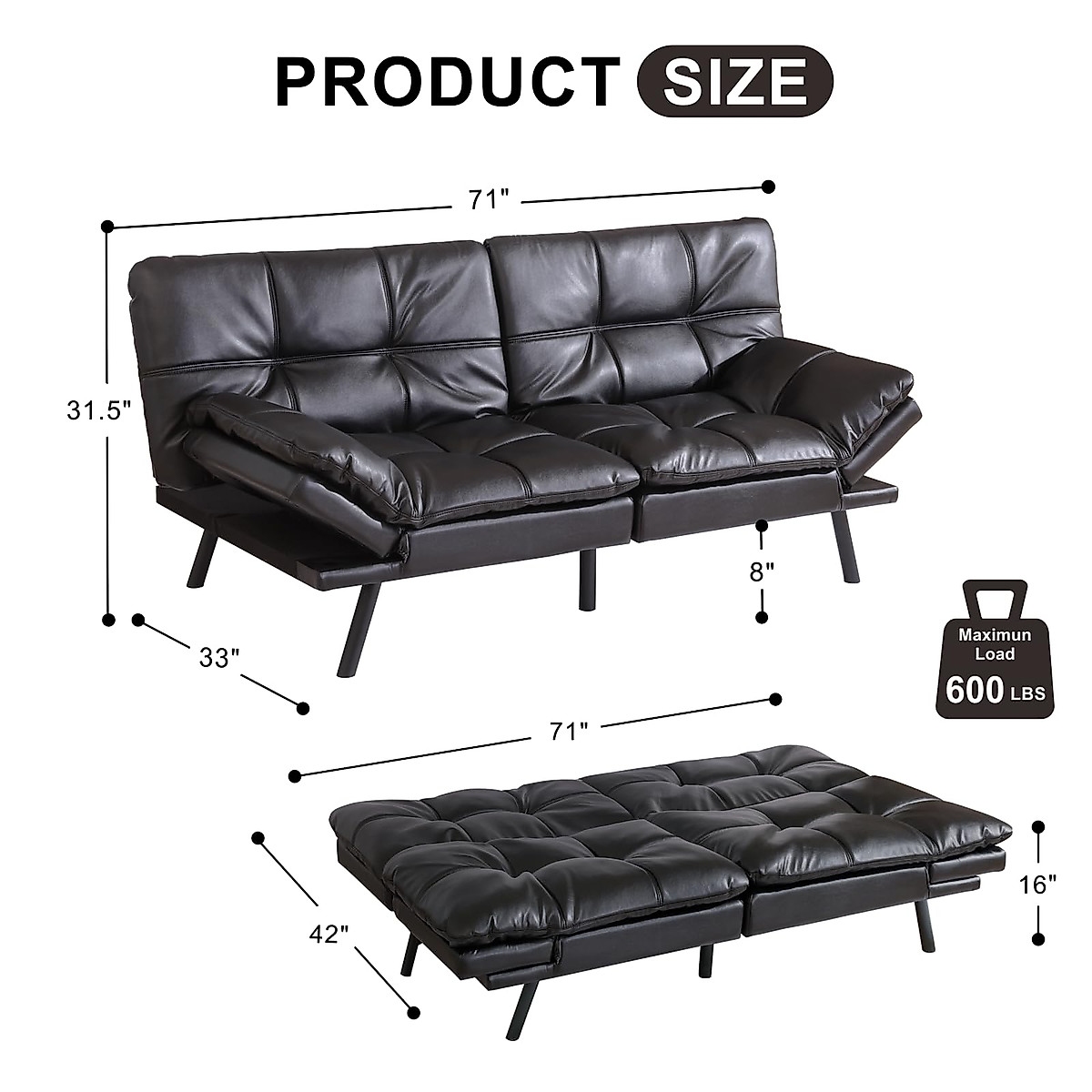 MUUEGM Futon Sofa Bed Memory Foam Convertible Couch Sleeper,Modern Faux Leather Love Seat for Living Room Small Space Apartment Office,Adjustable Backrest Armrest,71" Sofabed, Black-New