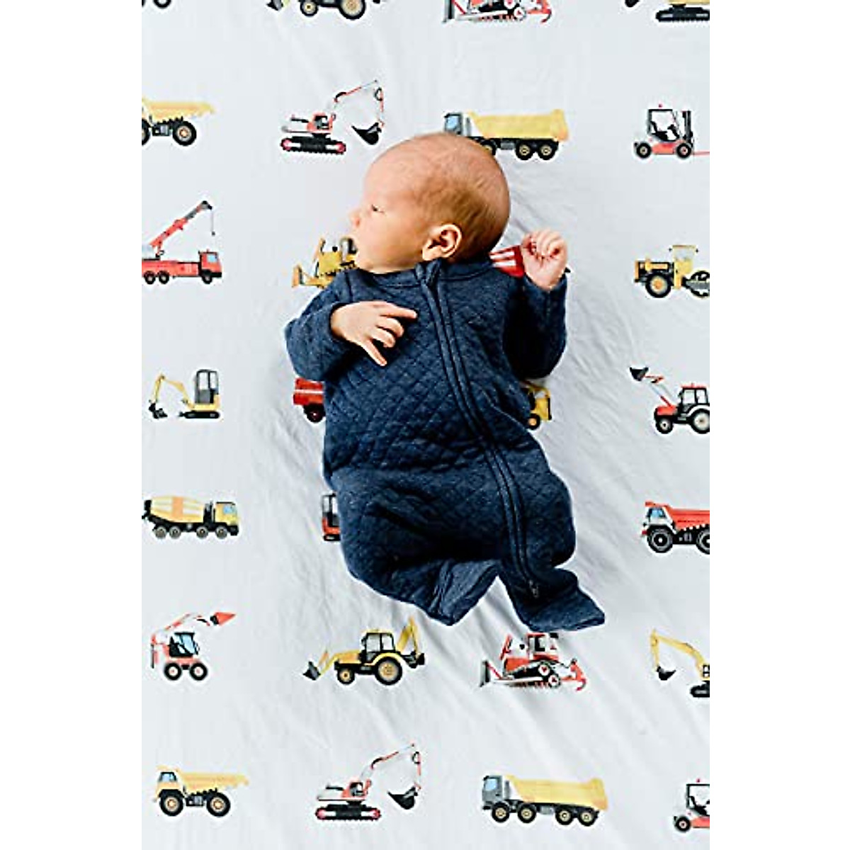 Bundle of ADDISON BELLE Products - 100% Cotton Fitted Crib Sheet + Everything Blanket - Construction Trucks - Soft, Durable & Breathable