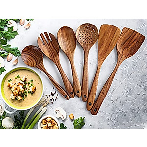 Zulay Kitchen 6 Piece Wooden Spoons for Cooking - Smooth Finish Teak Wooden Utensils for Cooking - Soft Comfortable Grip Wood Spoons for Cooking - Non-Stick Wooden Cooking Utensils - Wooden Spoon Sets