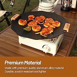 Non-stick Aluminum Korean Grill Pan 13.78 Inch Black Camp Fire BBQ Natural Material Griddle Pan with Wood Handle for both home and outdoor fire camping stoves (Black)