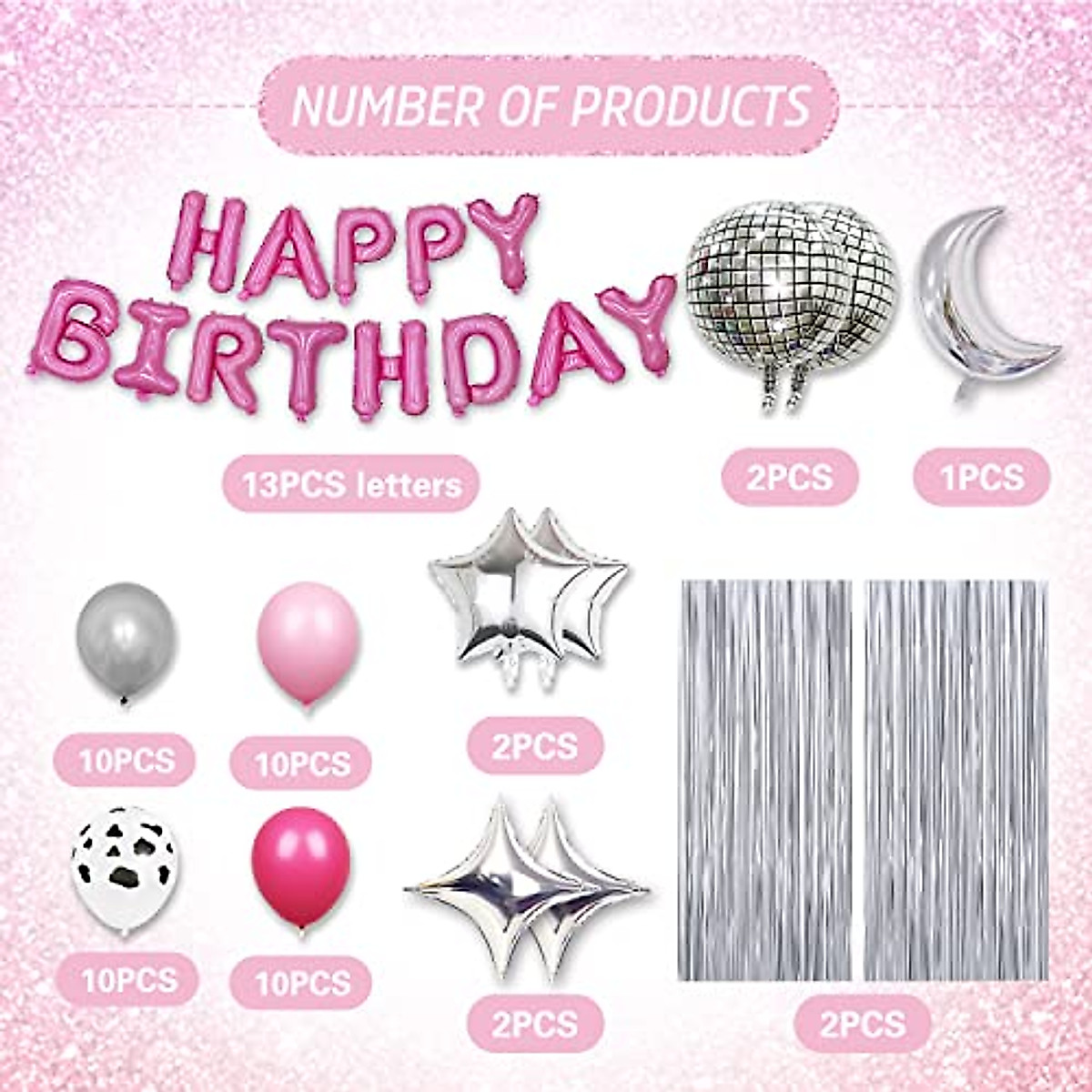 Refavor Disco Birthday Party Decorations - 60pcs Western Disco Party Decorations Pink Silver Backdrop Disco Ball Hot Pink Happy Birthday Balloons Decor Birthday Decorations Supplies Cowgirls Women