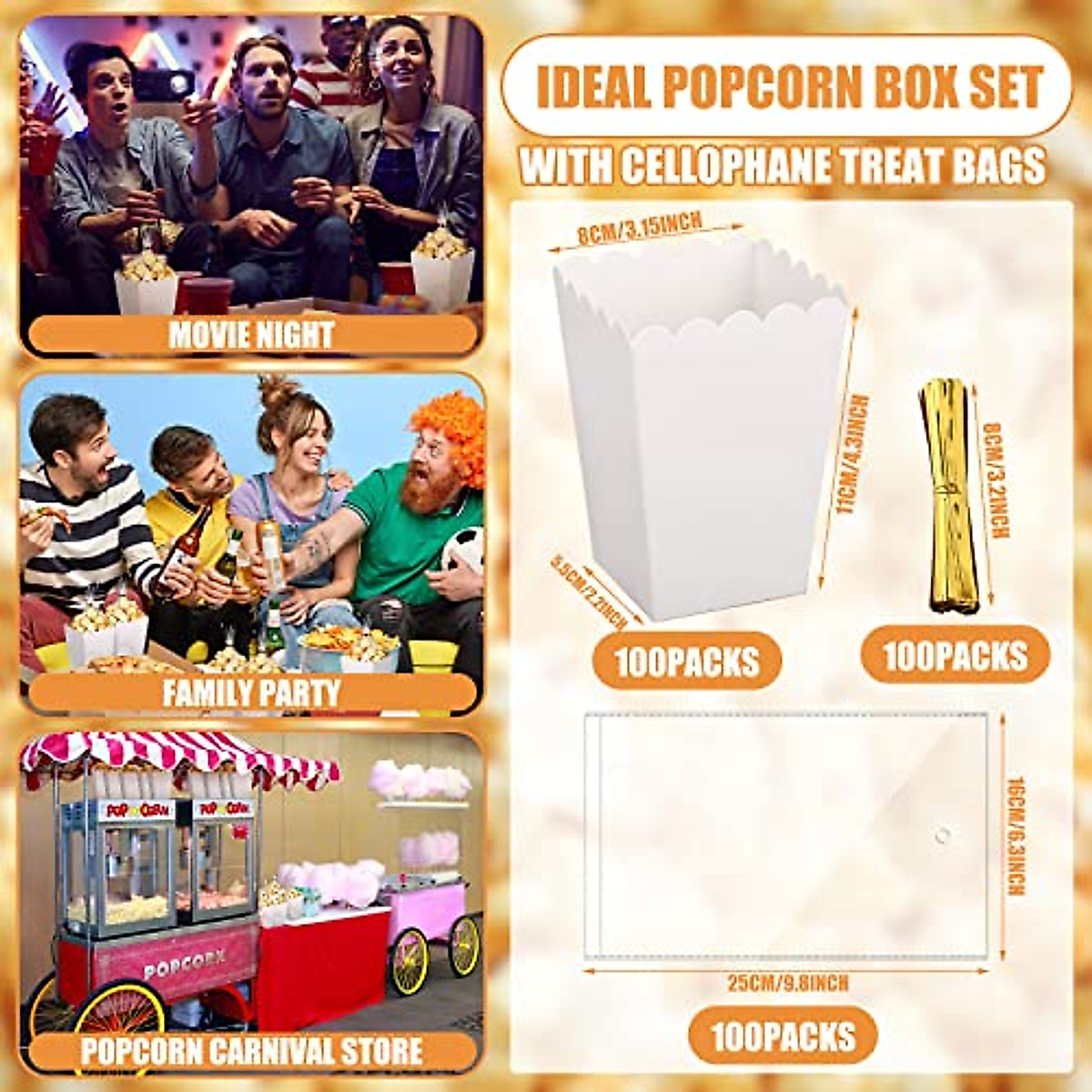 Mini White Popcorn Boxes and Clear Treat Bag Set- Bulk Open Top Paper Popcorn Containers with Treat Bags, Popcorn Candy Boxes for Movie Nights, Party Supplies, 3 x 4 inch (200 Pcs)