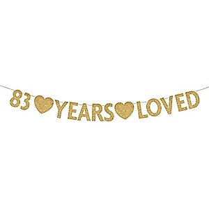 Gold 83 Year Loved Banner, Gold Glitter Happy 83rd Birthday Party Decorations, Supplies