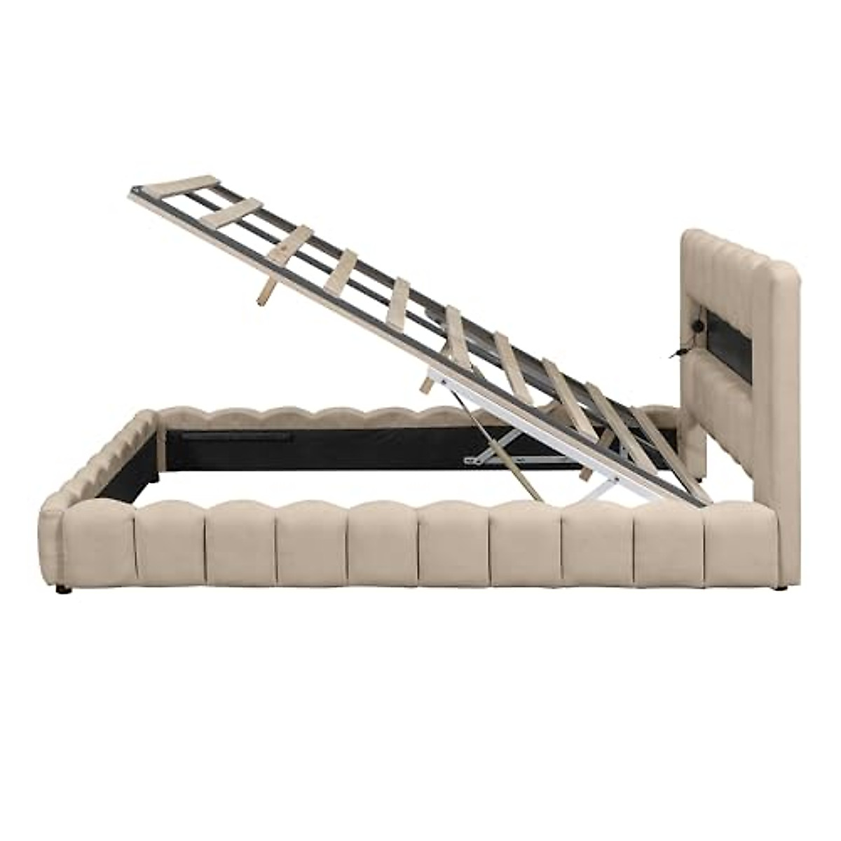 GLORHOME Queen Size Upholstered Platform Bed with LED Headboard and USB Charging Ports, Wooden Bed Frame，Beige