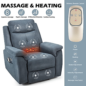 AVAWING Electric Massage Recliner Chair w/Wireless Remote Control, Massage Heated Vibration Sofa w/Double Side Pockets & USB Charge Port, Home Fabric Microfiber Recliner for Living Room, Blue Grey