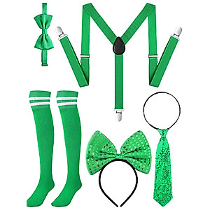 5 Pcs St Patrick' S Day Costume Accessories Set Includes Green High Socks Green Bow Headband Y Shape Suspenders Neck Tie Gree Bow Tie for Women Men St.Patrick's Day Decoration Party Supplies