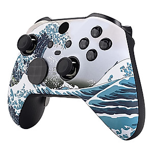 eXtremeRate The Great Wave Patterned Faceplate Cover, Soft Touch Front Housing Shell Case Replacement Kit for Xbox One Elite Series 2, Xbox Elite 2 Core Controller Model 1797 - Accent Rings Included