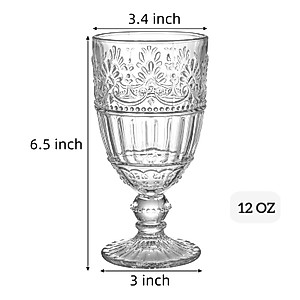 AVLA 6 Pack Glass Goblet, 12 OZ Vintage Wine Glassware, Romantic Wedding Glass Set, Drinking Stemware Beverage Cups for Party, Bar, Champagne, Juice, Beer, Cocktail, Embossed Design