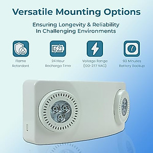 NFT High Output LED Emergency Lighting Fixture - Hard Wired 125' Path Coverage with 90 Minute LiFePO4 Battery, Self-Testing UL 924 & CEC Certified, Versatile Mounting (White)