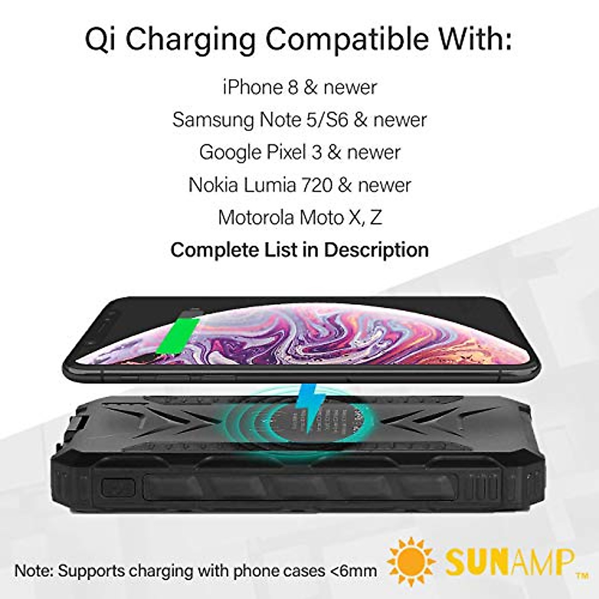 SunAmp Wireless Solar Power Bank | Solar Charger with USB Type C Quick Charge | Bright LED Flashlight | 20,000mAh | IP54 Rainproof Shockproof Dustproof for Travel and Outdoors | 4 Ports (Black) from