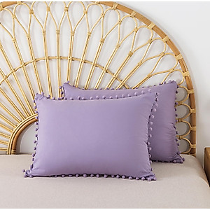 TanNicoor Pom Fringe Duvet Cover Set - 3 Piece Natural Ultra SOFE Color Washed Microfiber Bedding Set, Modern Style Down Comforter Quilt Cover with Zipper Closure(Queen, Lavender Purple)