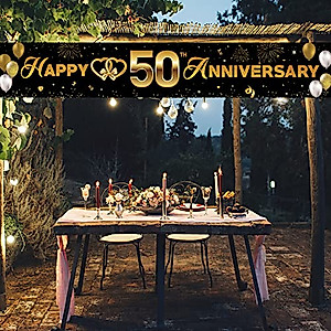 50th Wedding Anniversary Yard Sign Banner Decorations, Golden Happy 50th Anniversary Decorations Backdrop, 50 Years Anniversary Party Supplies Gold for Outdoor Indoor, Sturdy Fabric Vicycaty