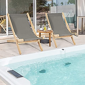 Tangkula Folding Sling Chair, Outdoor Wood Portable Beach Chair with 3-Positions Adjustable Backrest, Patio Lounge Chair with Thick Cushion for Yard Poolside Balcony (2)