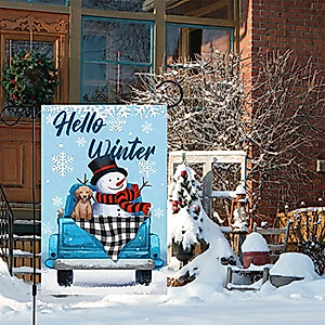 Hello Winter Garden Flag 12x18 Double Sided, Burlap Small Vertical Buffalo Check Plaid Winter Truck Garden Yard House Flags with Snowman Dog for Winter Outside Outdoor Decoration (ONLY FLAG)