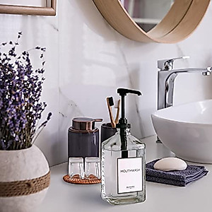 eBun® 37oz Mouthwash Pump Dispenser Black - Bathroom Hand Soap Dispenser Set Glass, Dish Soap Dispenser for Kitchen Sink, Bathroom Essential, Holder Decanter with Cup, Kids Mouthwash Pump Bottle