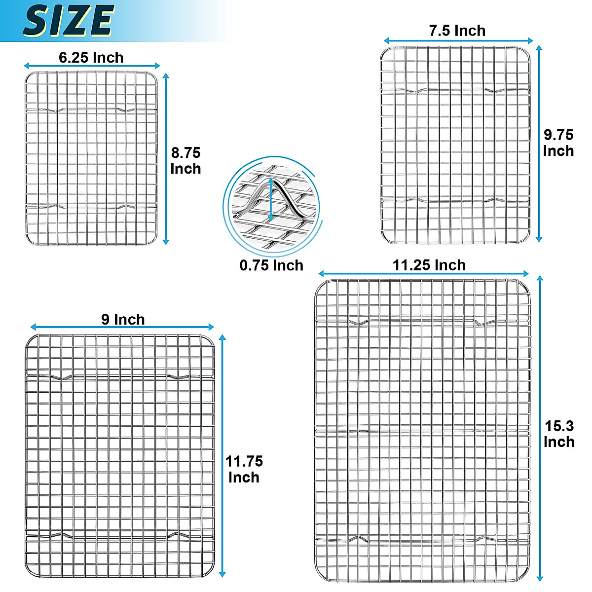 TeamFar Cooling Rack Set of 4, Stainless Steel Grid Cooking Roasting Racks for Various Size Baking Sheet Toaster Oven Pan, Healthy & Heavy Duty, Mirror Finish & Dishwasher Safe