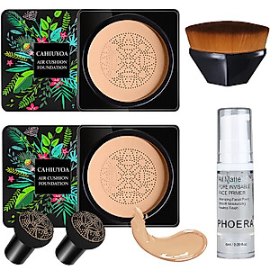 CAHIUYOA 2PCS Mushroom Head Air Cushion CC Cream BB Cream Foundation Full Coverage Foundation 24HR Matte Oil Control Concealer With Makeup Face Primer & Petal-Shaped Cosmetics Brush（Natural）