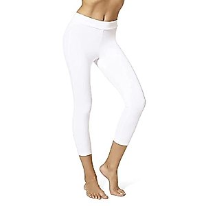 HUE Women's Wide Waistband Blackout Cotton Capri Leggings, Assorted, White, L