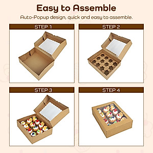 Tcoivs 6-Set Cupcake Boxes Hold 12 Standard Cupcakes, Brown Cupcake Containers with Windows and Inserts, Cupcake Carrier, Food Grade Kraft Cupcake Holders